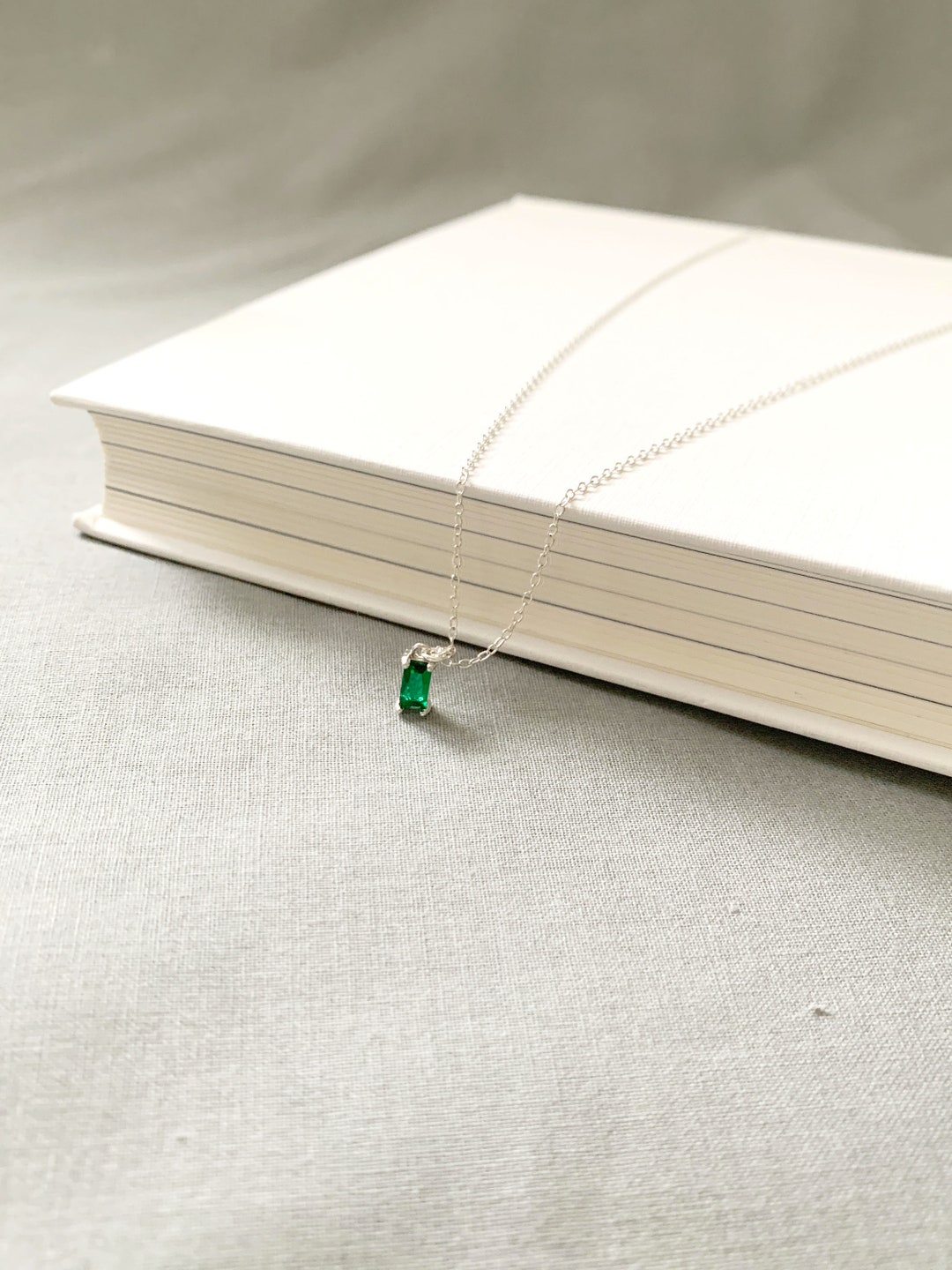 925 Silver Tiny Green Rectangle Shape Necklace /may Birthstone Emerald ...