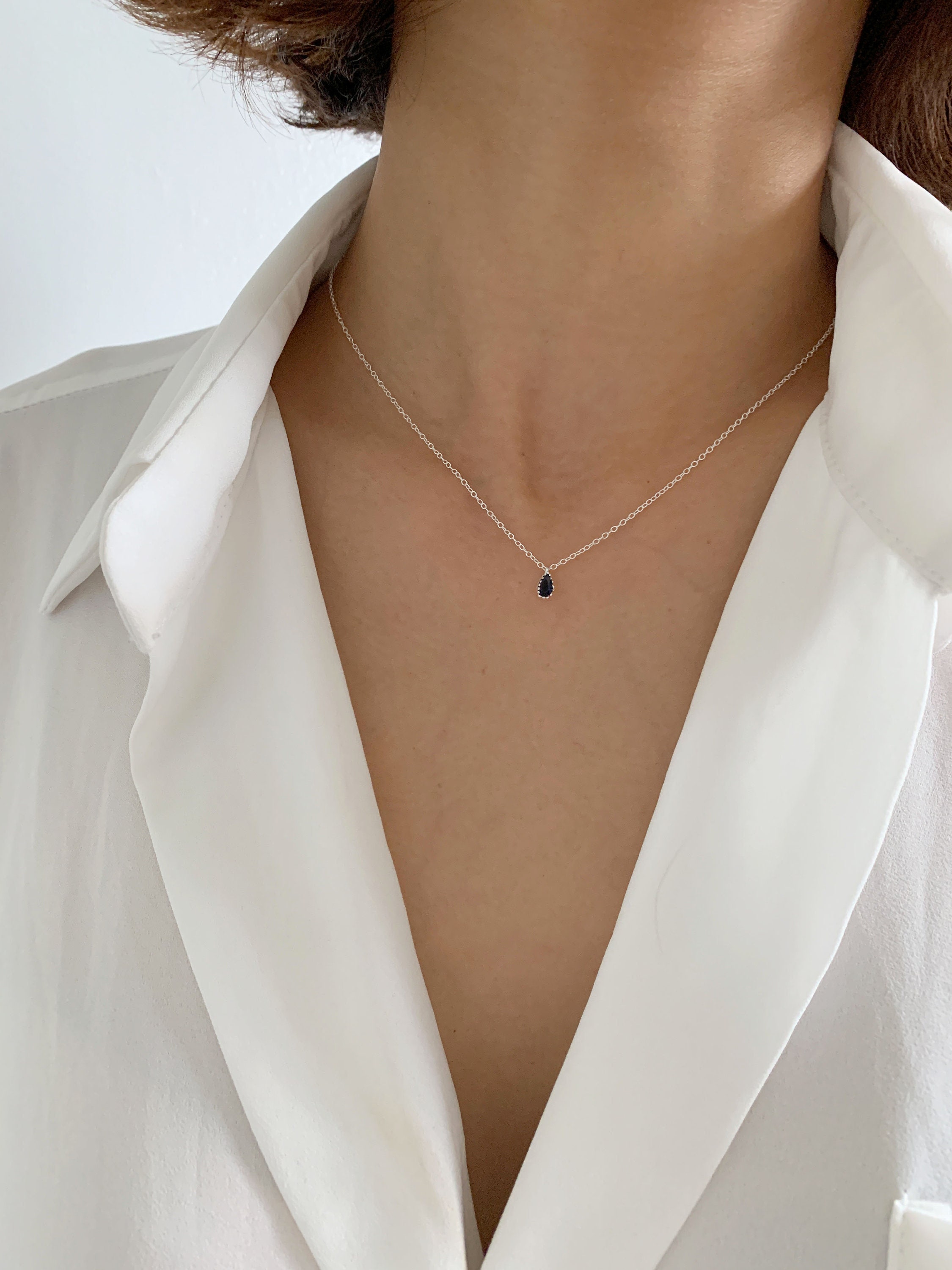 925 Silver Tiny Tear Drop Shape Necklace / Dark Sapphire Drop | Etsy