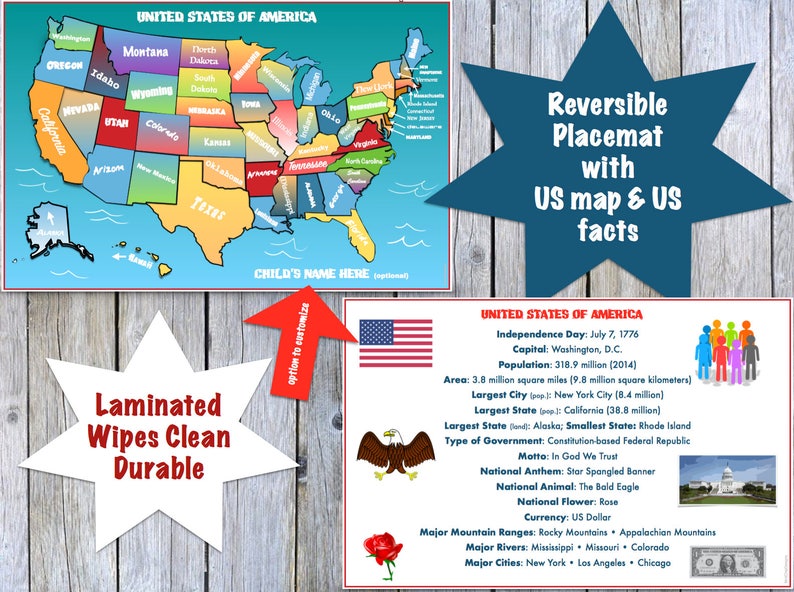 USA Map Placemat Geography Whimsical Colorful 50 | Etsy