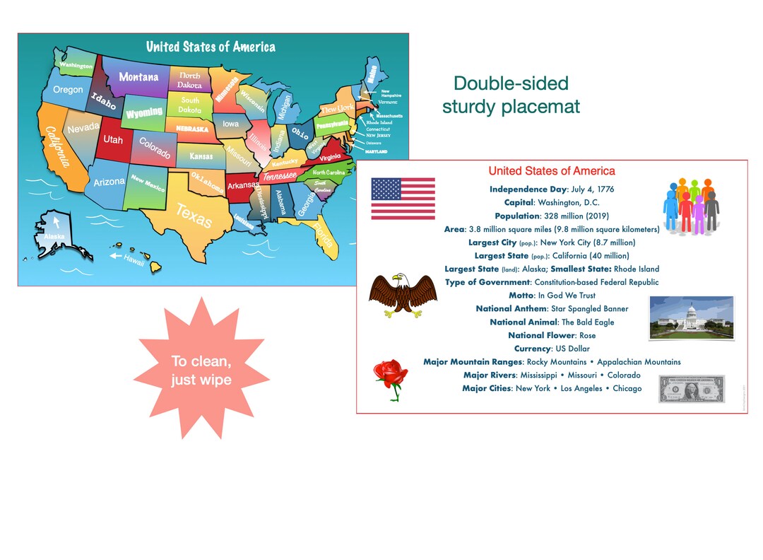 USA Map Placemat • Geography • Whimsical • Colorful • 50 States ...