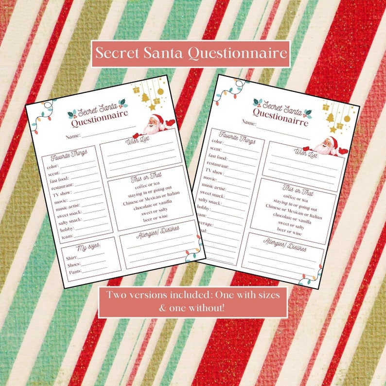Secret Santa Questionnaire Printable, Holiday Gift Exchange Form ...