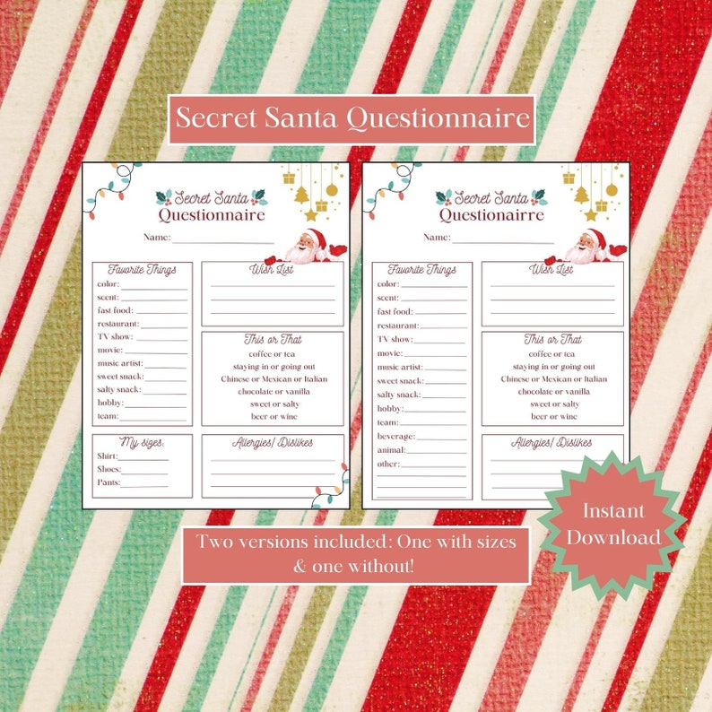 Secret Santa Questionnaire Printable, Holiday Gift Exchange Form ...