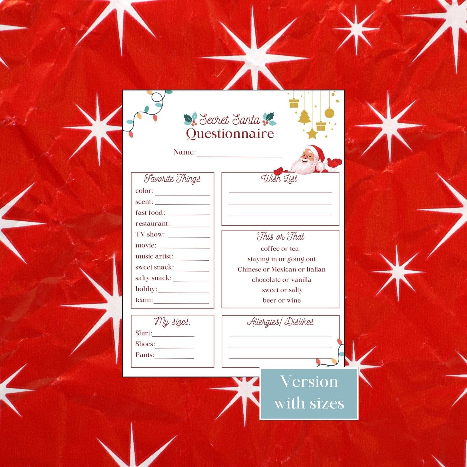 Secret Santa Questionnaire Printable, Holiday Gift Exchange Form ...