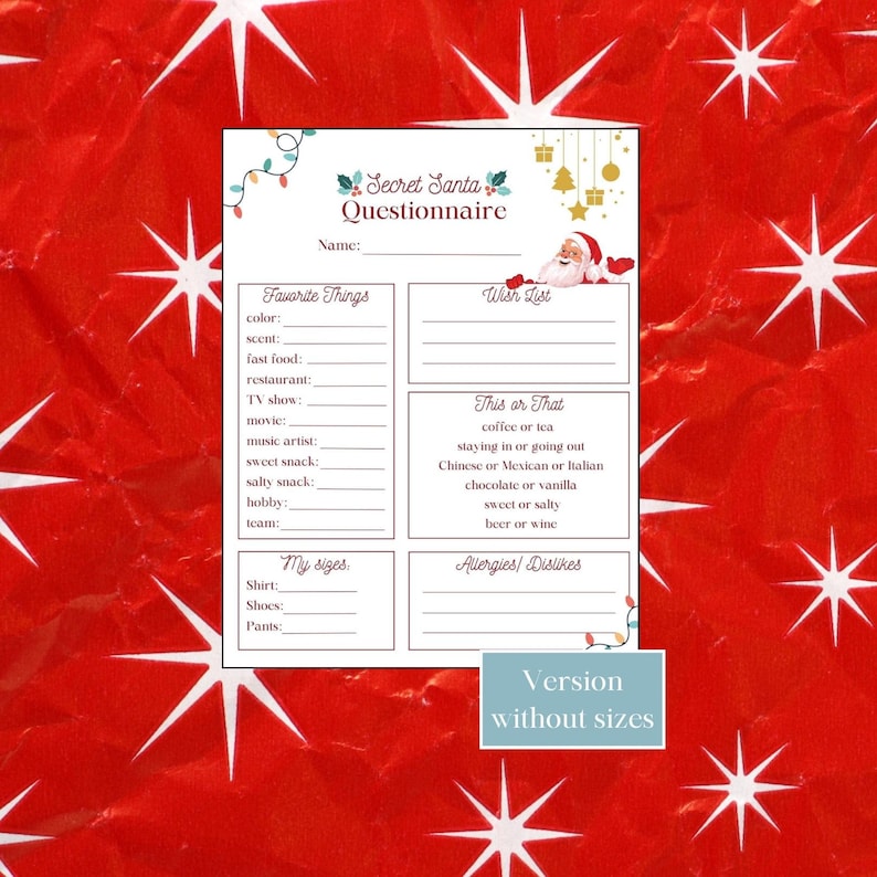 Secret Santa Questionnaire Printable, Holiday Gift Exchange Form ...