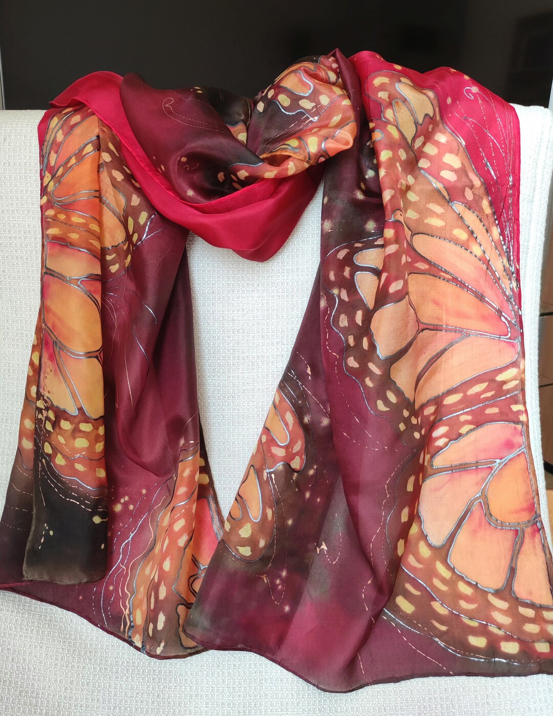 Art Scarf. Ready2go. Butterfly Scarf, Brown Orange Red Hand Painted ...