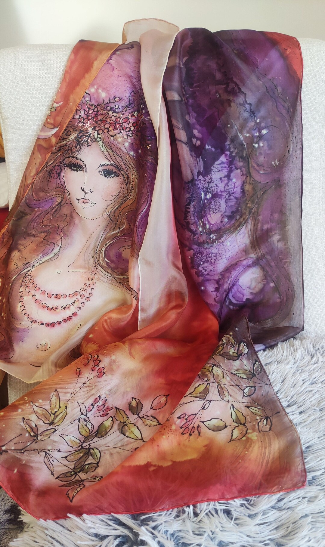 Autumn Goddess. 100% Silk Hand Painted. Long Silk Scarf, Wrap. Fall Red Purple Scarf. Romantic ...