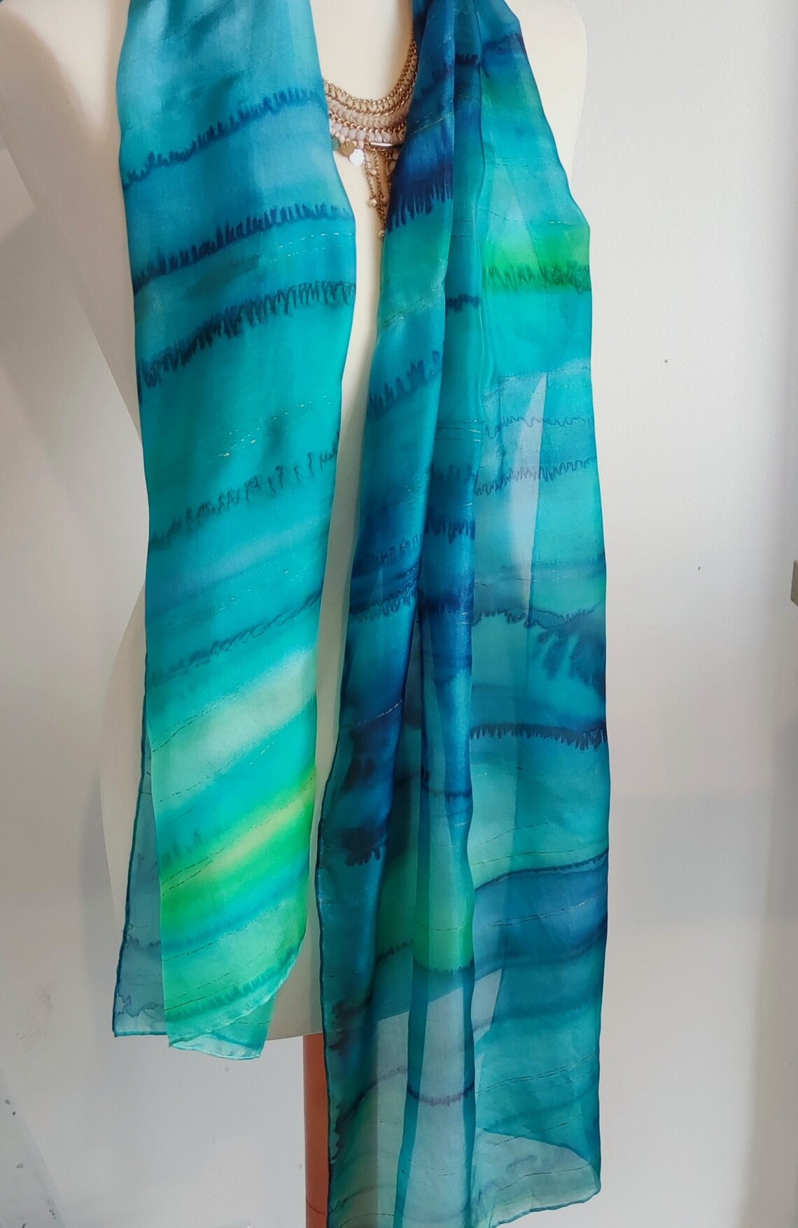 Blue Green Hand Painted Scarf. Elegant Gift for Her Wife. - Etsy