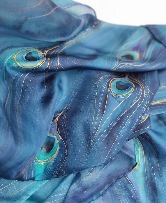 Art to Wear Blue Peacock Feather Silk Scarf. Designer Wrap. - Etsy