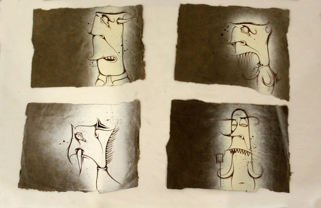 Charlie Alan Kraft Set of 4 Spray Paint & Ink Drawings on Torn Paper ...