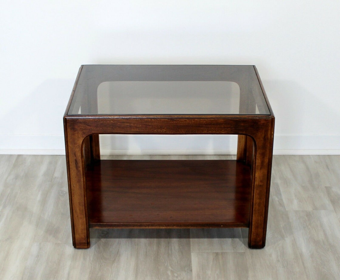 Mid Century Modern Lane Walnut & Smoked Glass Rectangular Side End ...