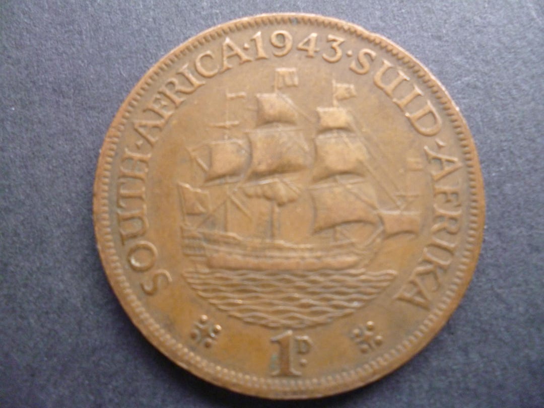 1943 South Africa Penny Coin: Dromedaris Ship, King George VI, Bronze ...
