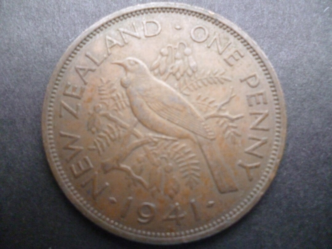 1941 New Zealand One Penny Coin Featuring a Tui Bird and King George ...