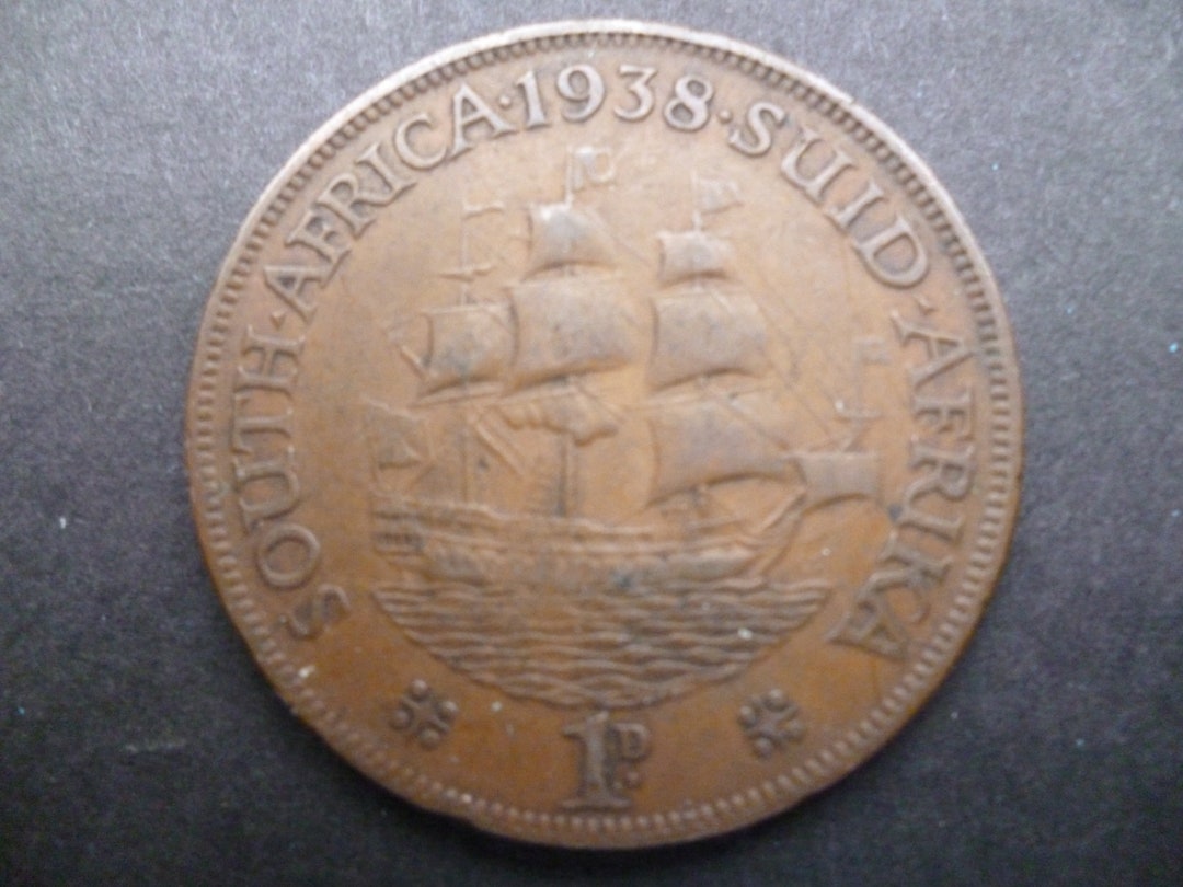 1938 South Africa One Penny Coin Featuring Dromedaris Ship and Queen ...