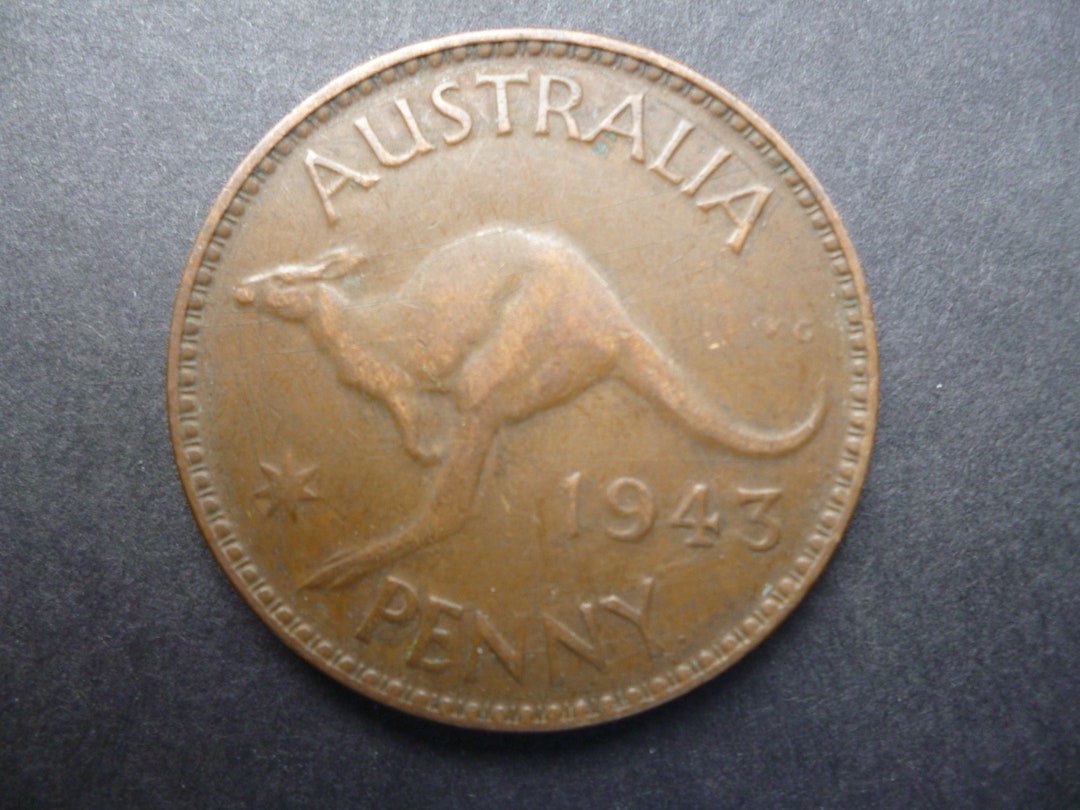 1943 Australia Penny Coin Featuring a Kangaroo and King George the ...