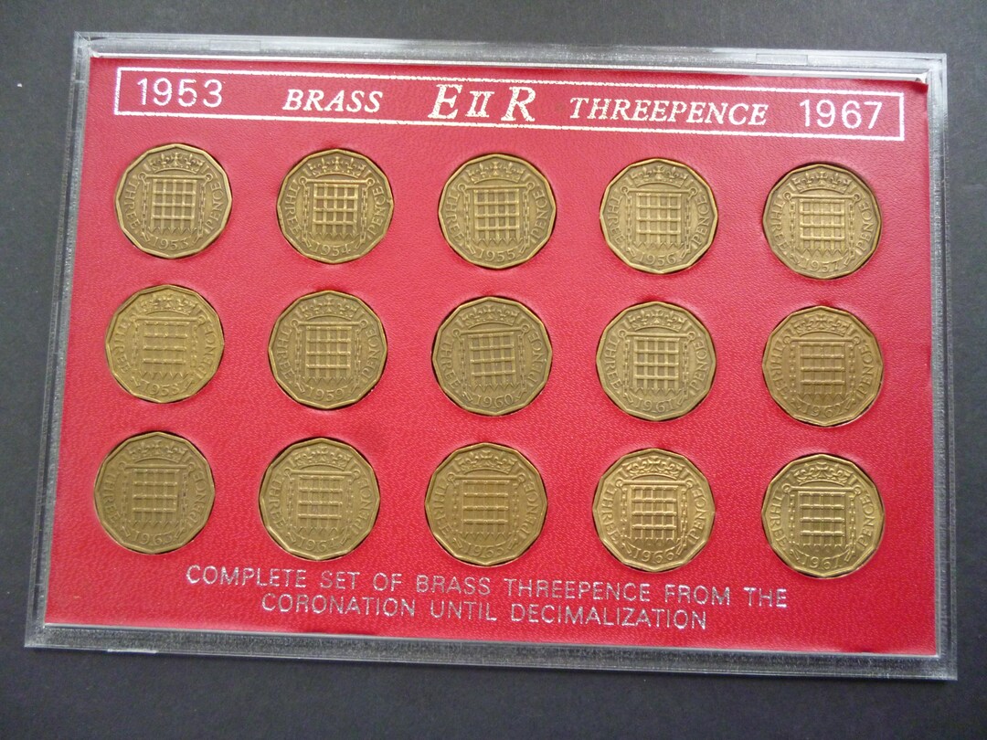 English Complete Set of Brass Threepence Coins From 1953 to 1967, 15 ...