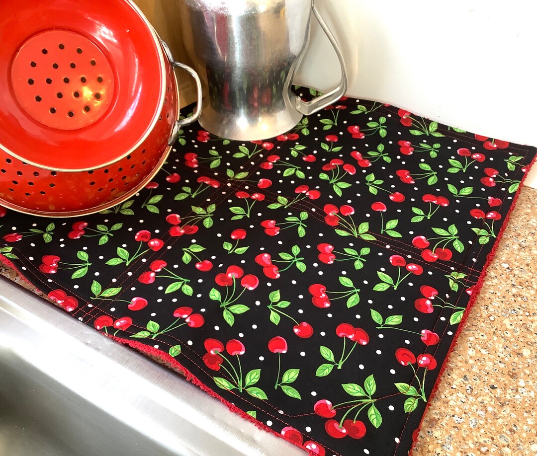 Cherry Dish Drying Mat, Black and Red Handmade Dish Mat, Red Cherries ...