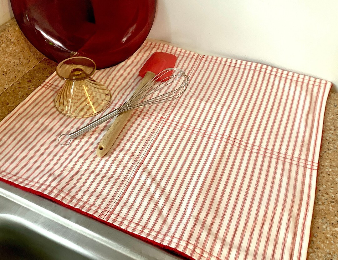 Red Ticking Dish Drying Mat, Holiday Farmhouse Drying Mat, Red White ...