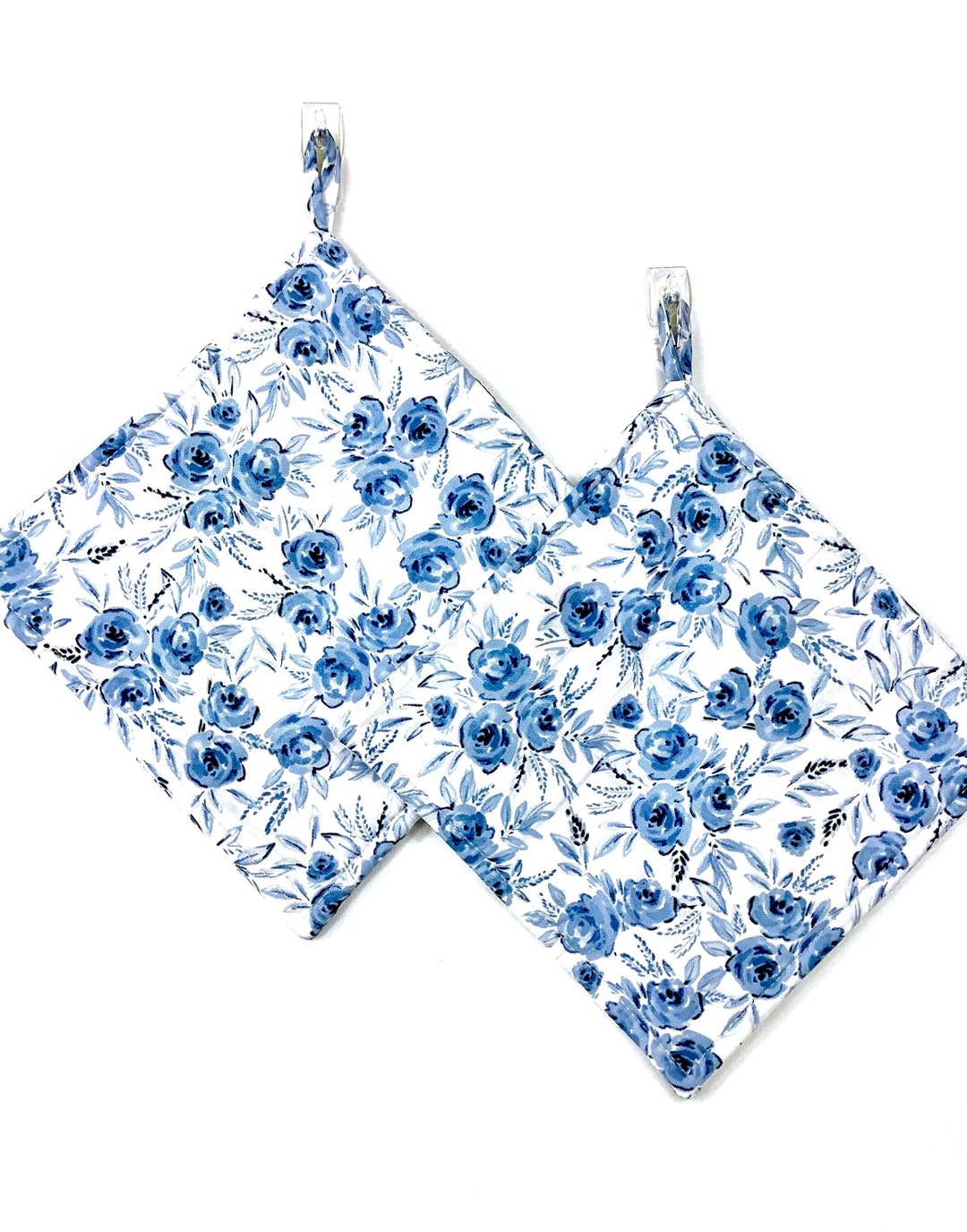 Blue Roses Pot Holders, Set of 2 Blue White Potholders, Blue Kitchen ...