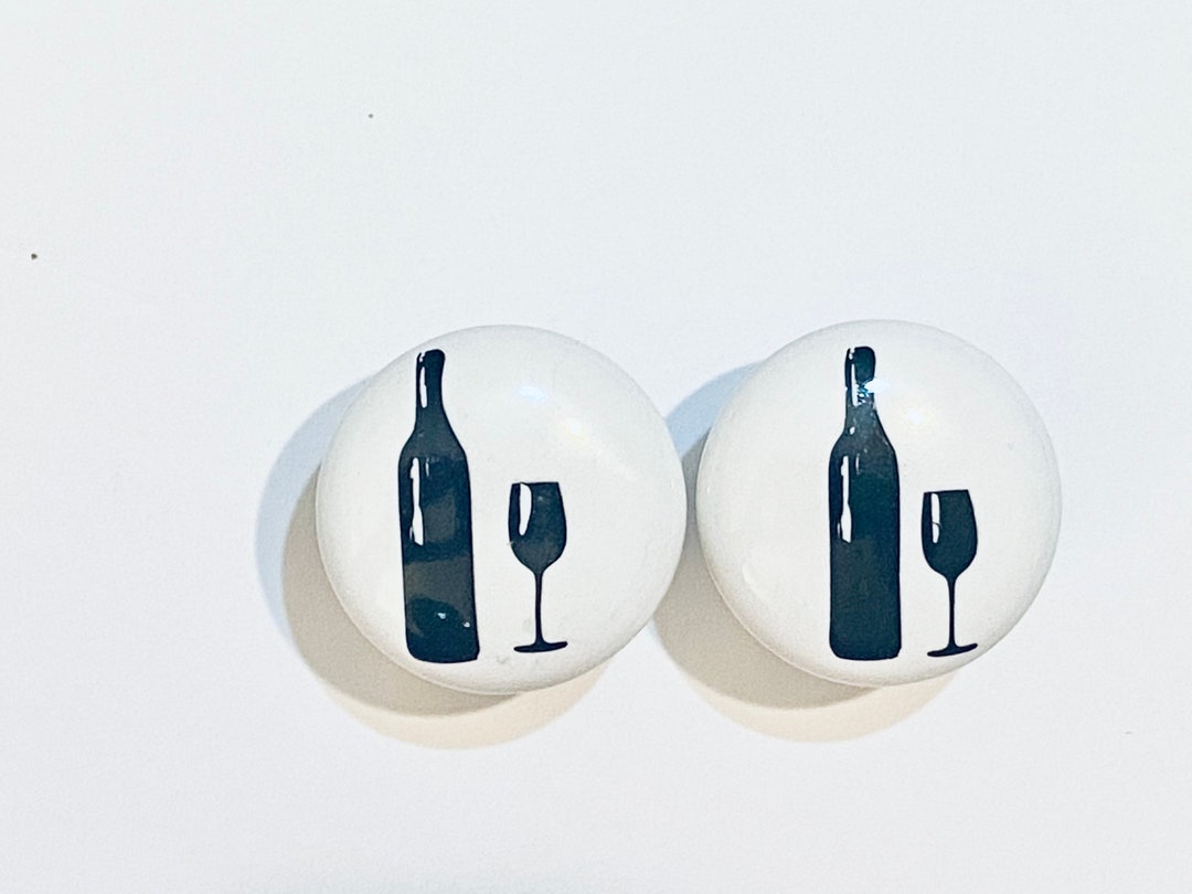 Pair Wine Bottle and Glass Cabinet Knobs Pulls White Ceramic 1.5 ...