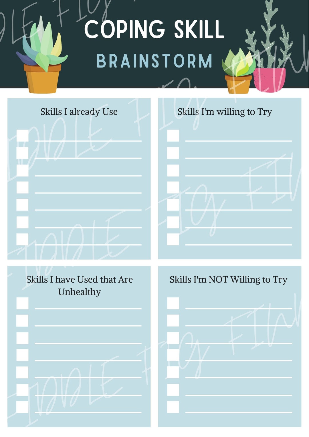 Coping Skill Worksheet Brainstorm Download - Trauma Therapy - CBT ...