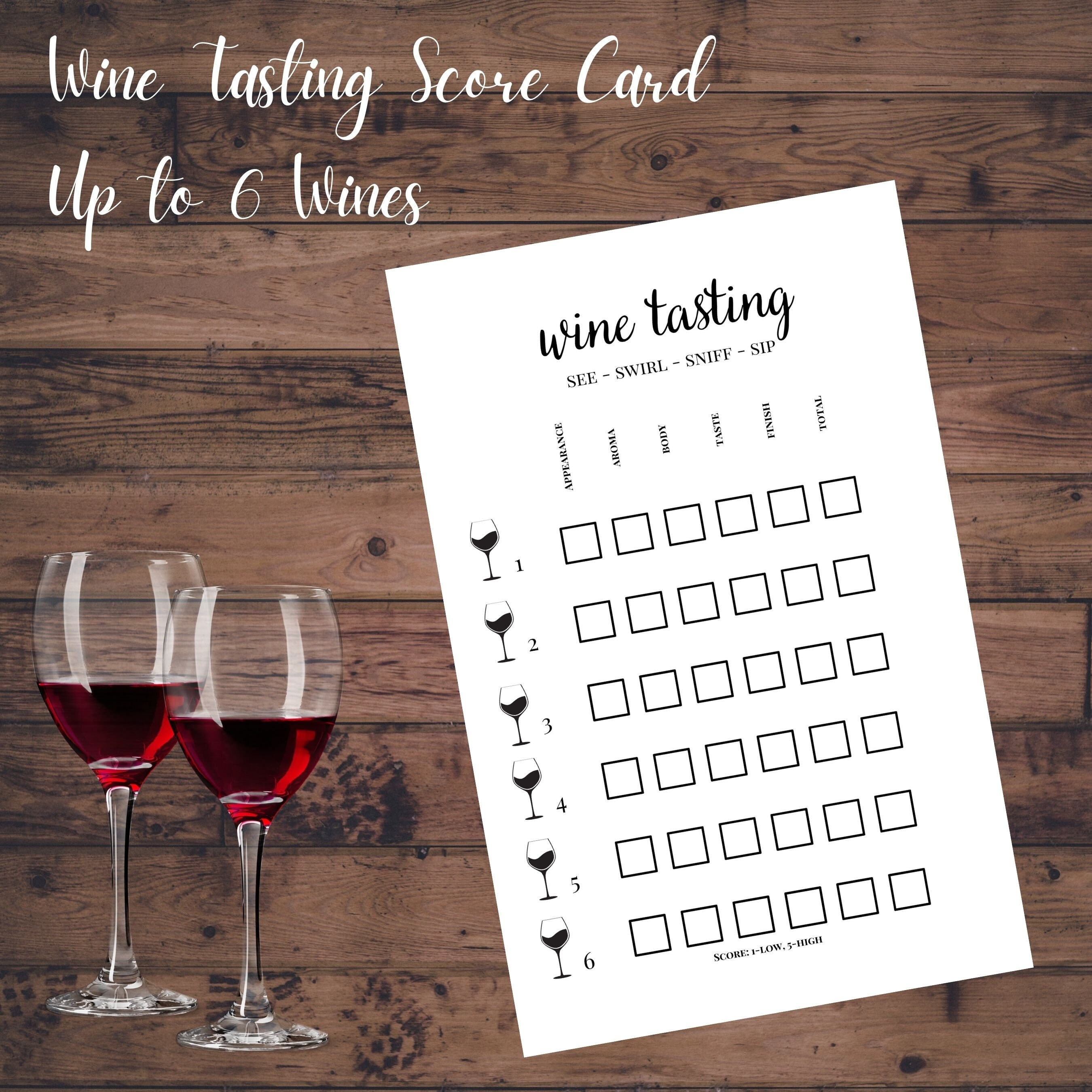 Wine Tasting Score Card for up to 6 Wines Printable Wine Tasting Cards ...