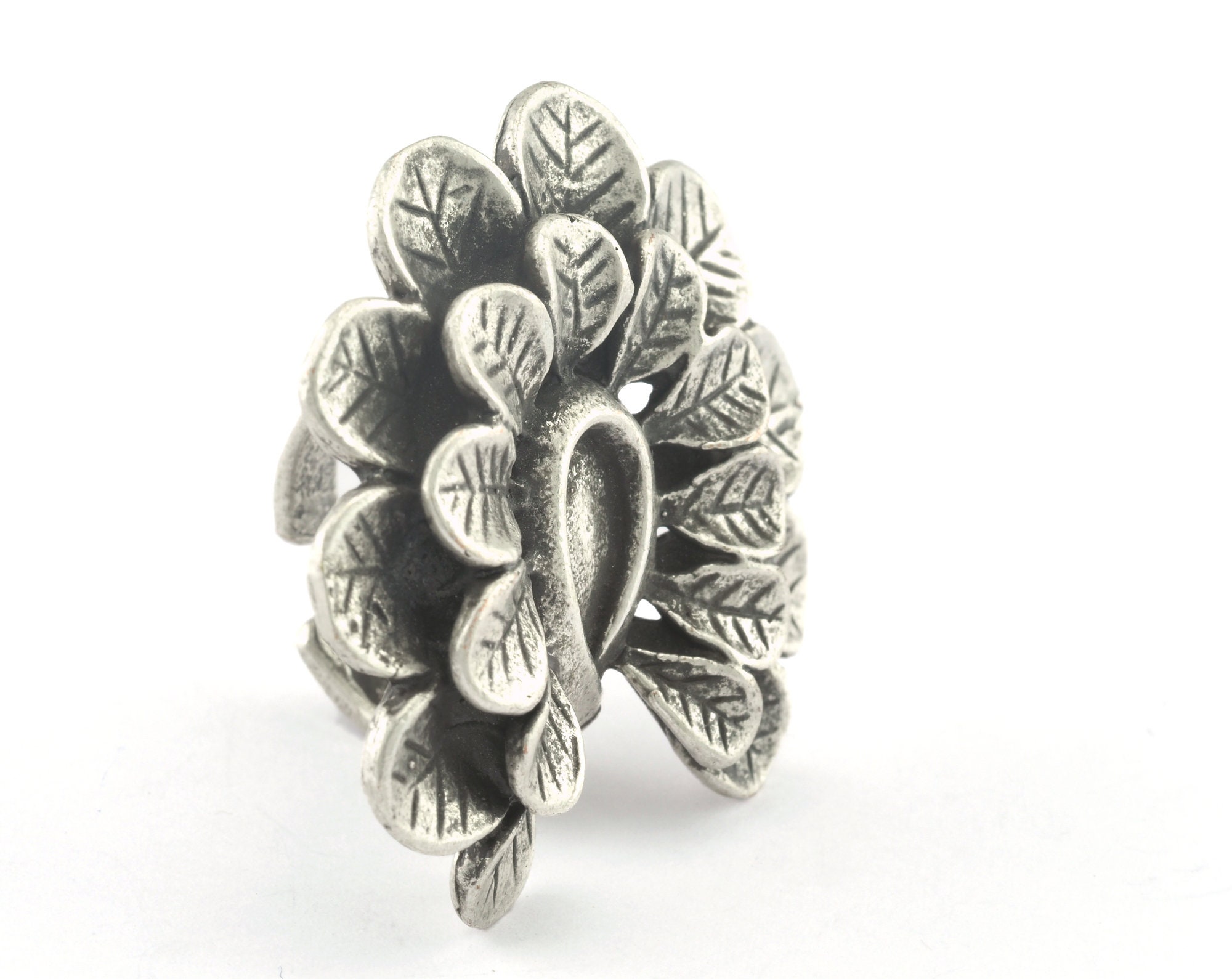 Leaves Ring Adjustable Bezel - Antique Silver Plated Brass (17mm 7US ...