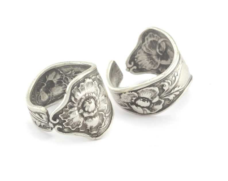 Adjustable Spoon Ring Flower Patterned Ring Antique Silver - Etsy