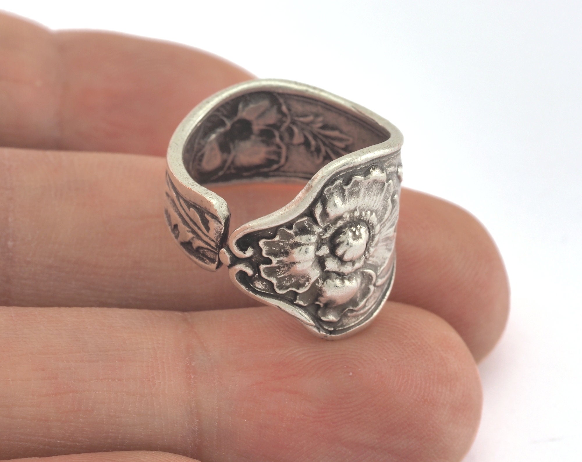 Adjustable Spoon Ring Flower Patterned Ring Antique Silver - Etsy
