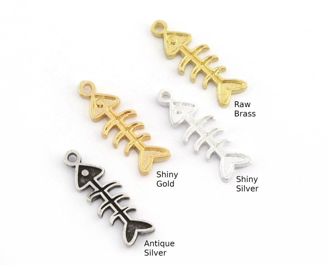 Fish Bone Charms Pendant - Raw Brass - Antique Silver - Shiny Silver ...