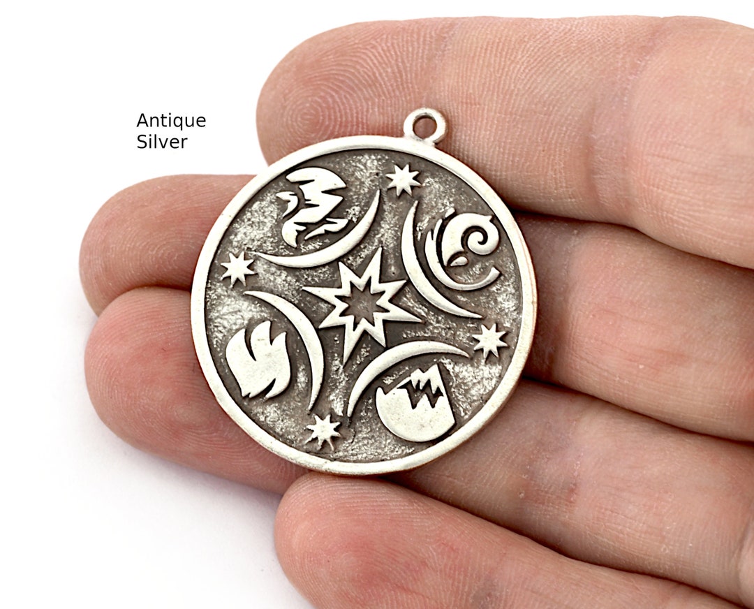 Elements Symbol Big Pendant Round Antique Silver Plated Brass 37x33mm ...