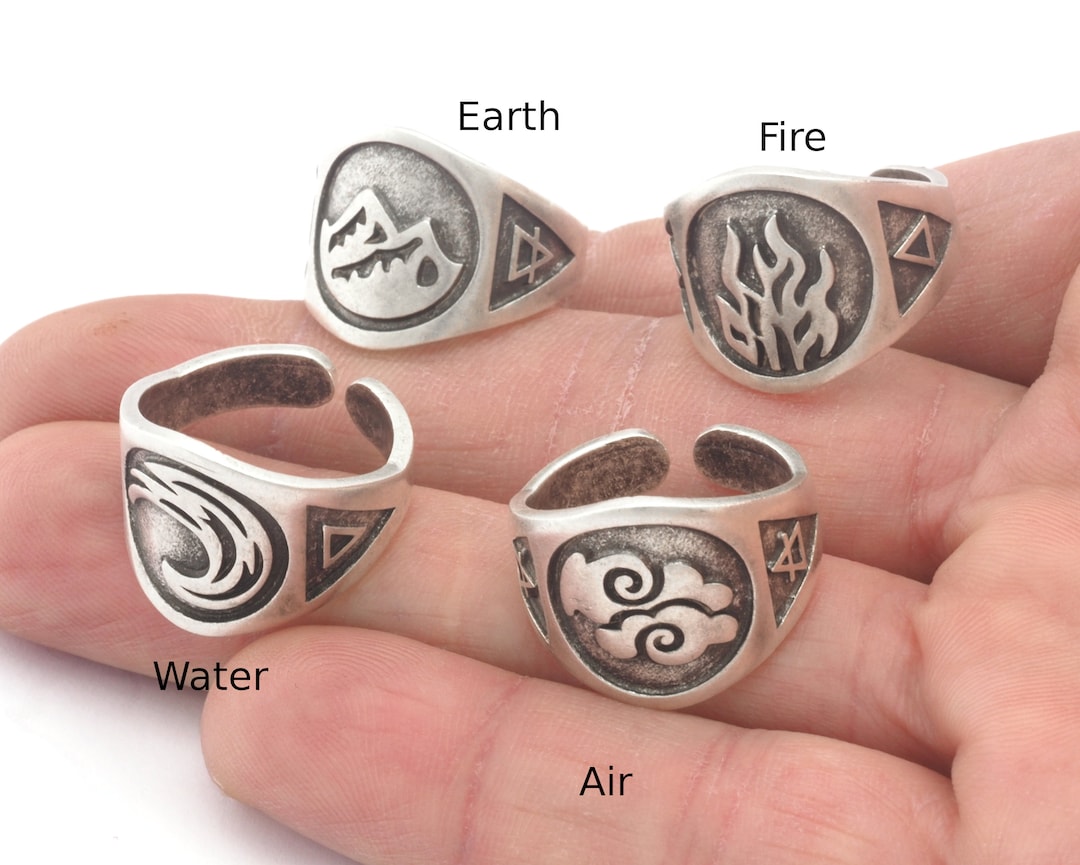 Four Elements Symbols Embossment Ring Adjustable Antique Silver Plated ...