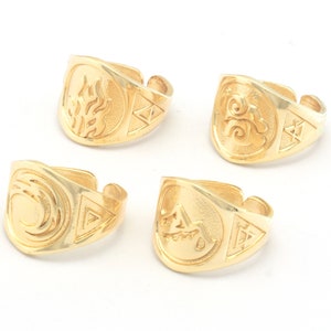Four Elements Symbols Embossment Ring Adjustable Shiny Gold Plated ...