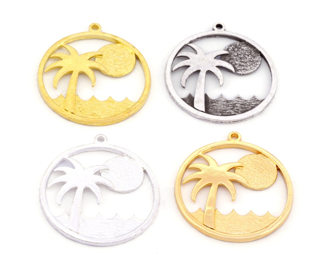 Palm Tree Sun Beach Wave Charms Round Pendant Raw Brass - Etsy