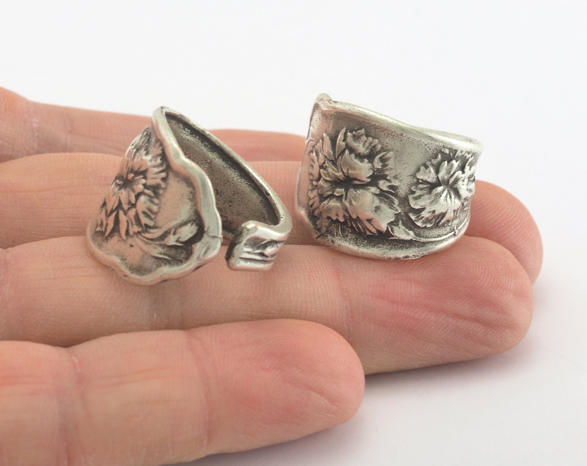 Flower Spoon Ring, Antique Silver Plated Brass, Adjustable Band -0961 ...