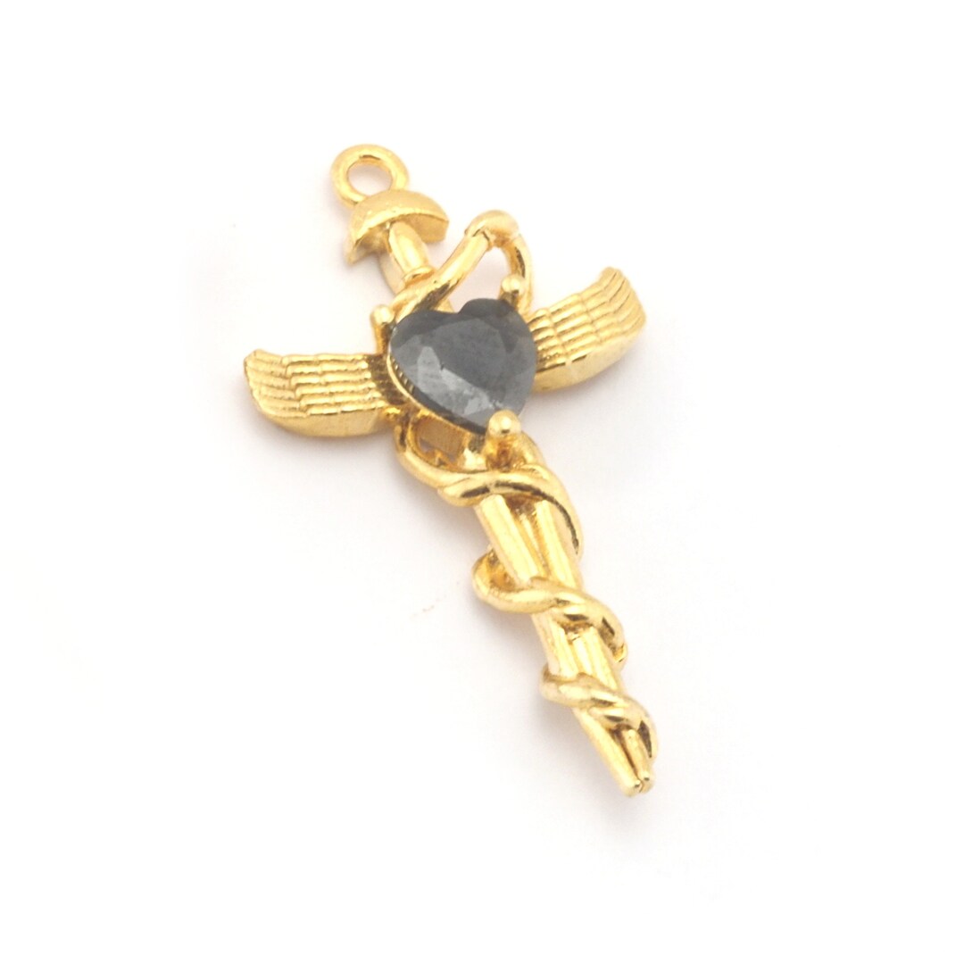 Heart, Wing Sword Pendant With Loop Gold Plated Brass With Crystal 3784 ...