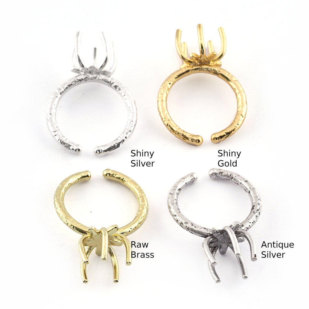 Adjustable Prong Ring Blank, Raw Brass, Shiny Silver, 10-14mm Setting ...