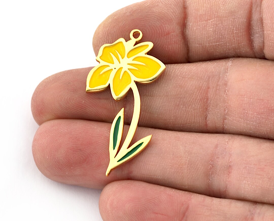 Birth Monthly Flower (march Daffodil) Charms Pendant Brass Shiny Gold Plated - Enaml Filled ...