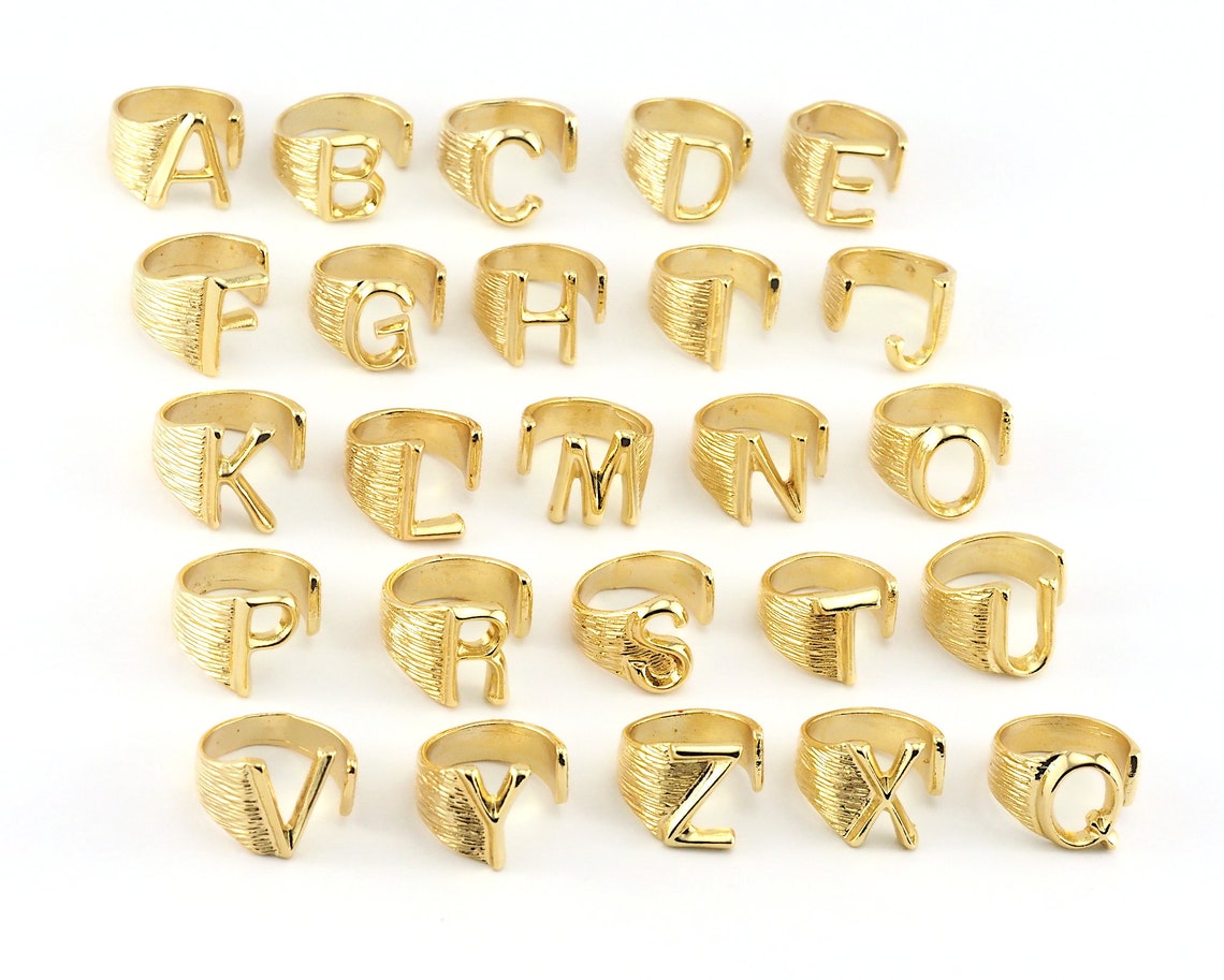 Letter Initial Signet Ring Adjustable Shiny Gold Plated Brass Raf9 - Etsy