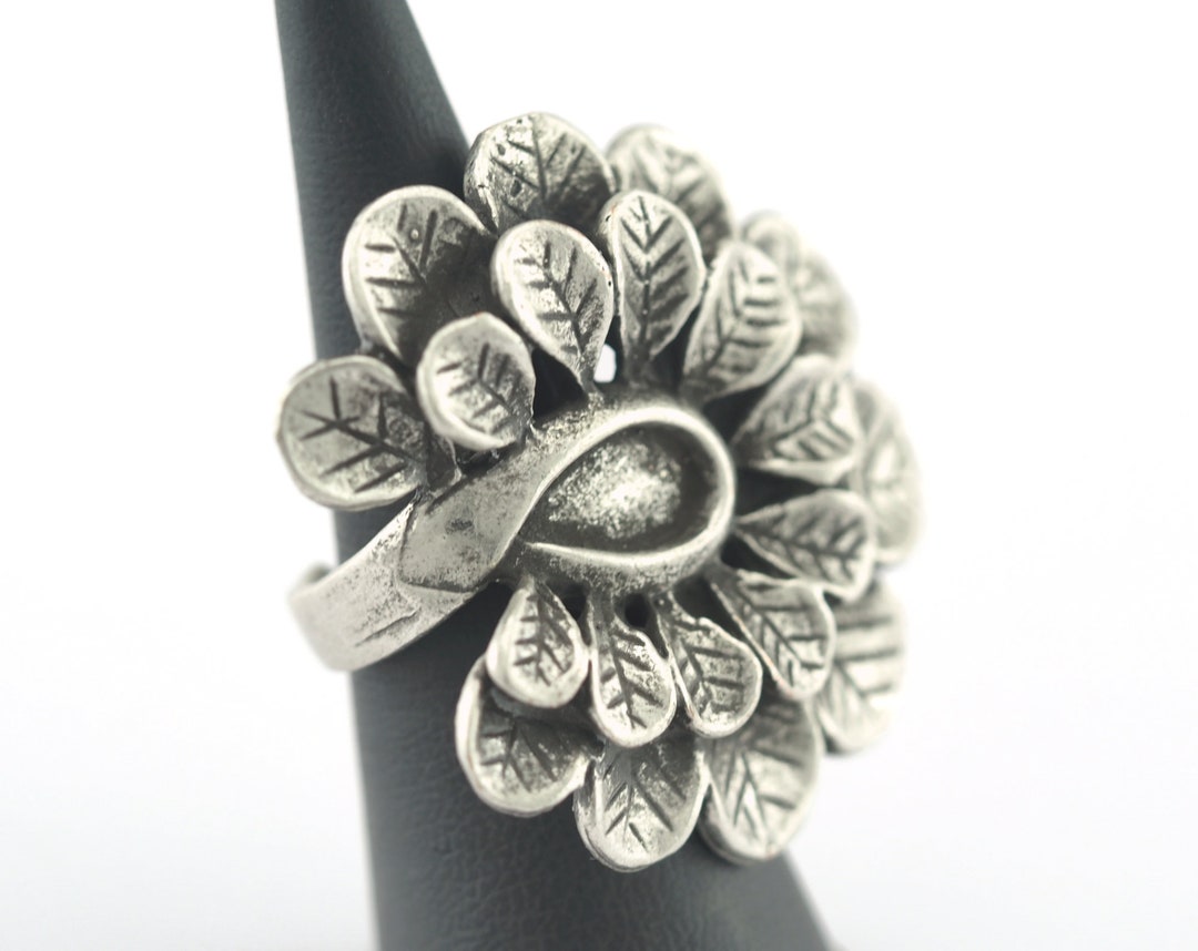 Leaves Ring Adjustable Bezel - Antique Silver Plated Brass (17mm 7US ...