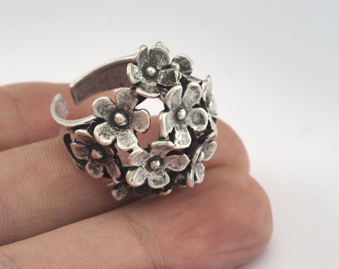 Flowers Ring Adjustable Ring Antique Silver Plated Brass 18mm - Etsy