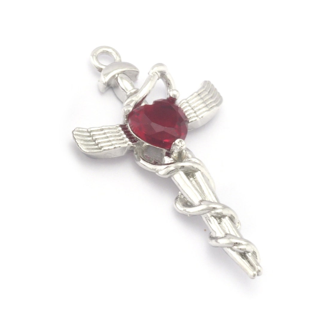 Heart, Wing Sword Pendant With Loop Silver Plated Brass With Crystal ...
