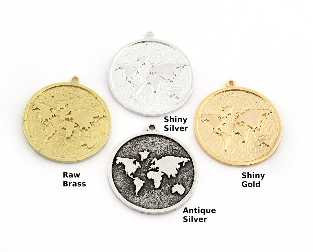 World Map Charms Pendant - Raw Brass - Antique Silver - Shiny Silver ...