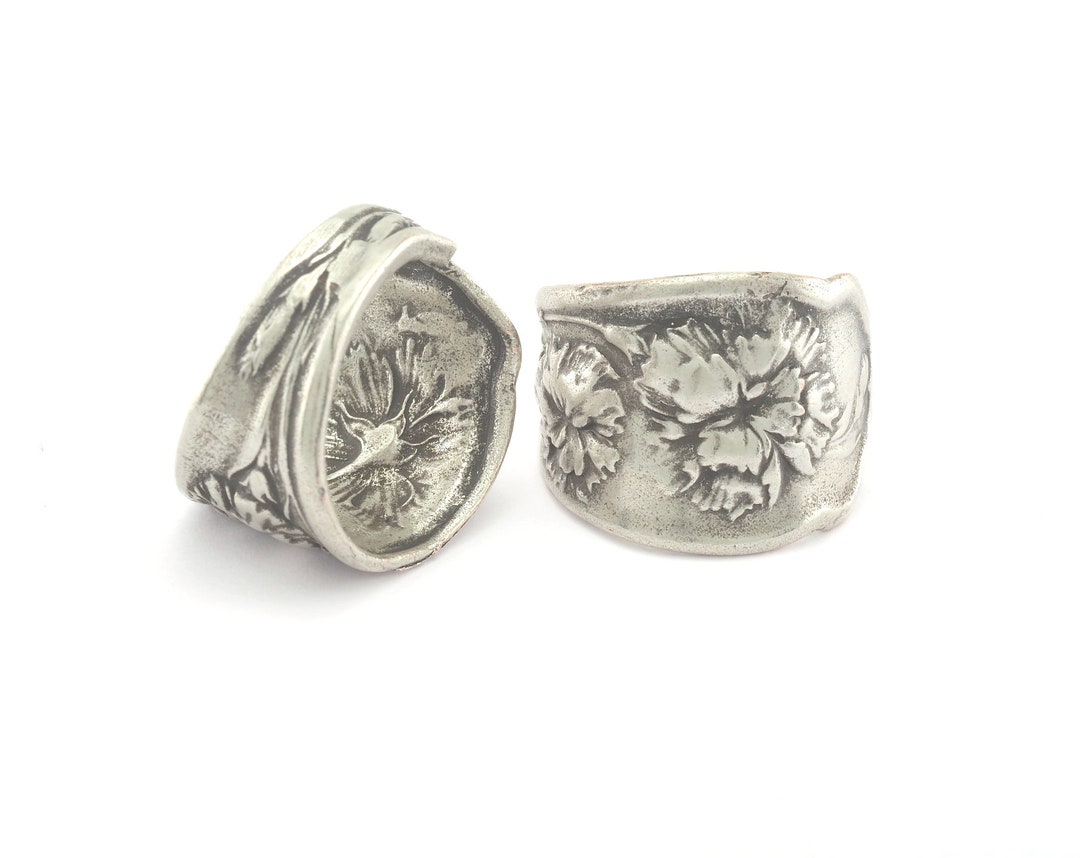 Flower Spoon Ring, Antique Silver Plated Brass, Adjustable Band -0961 ...
