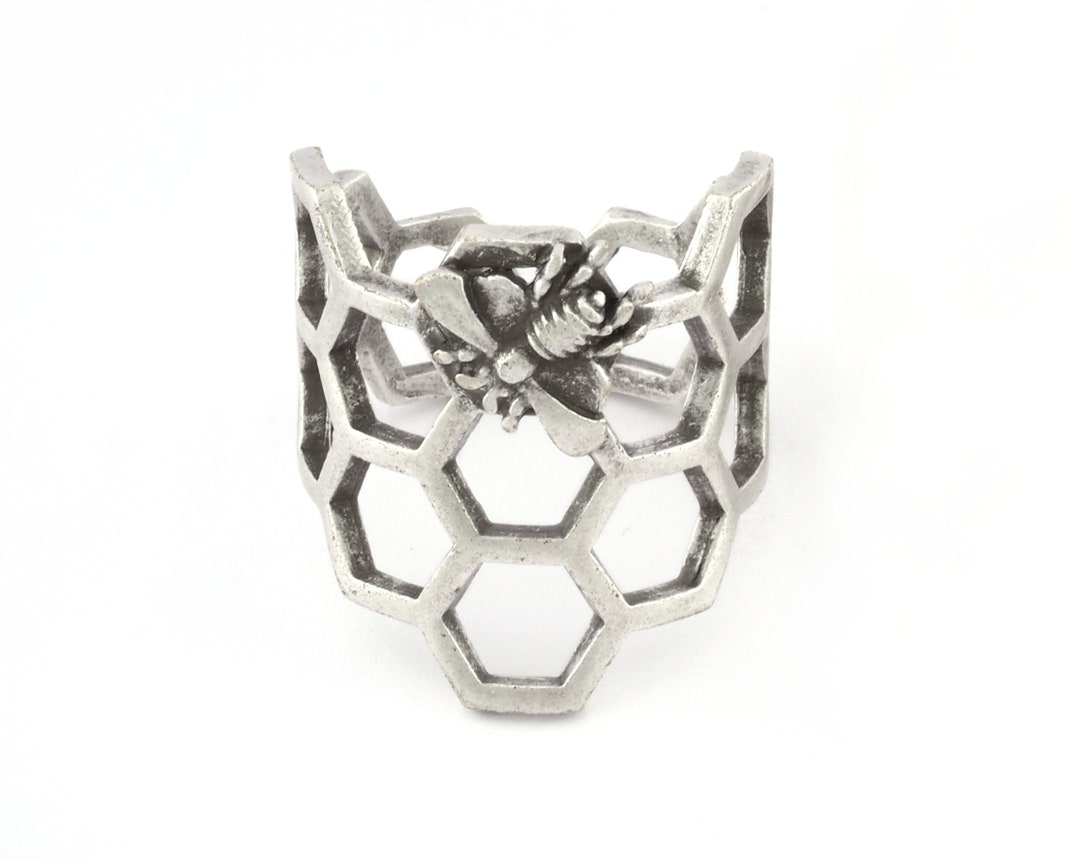 Honey Comb Ring, Bee Ring, Adjustable Antique Silver Plated Brass (18US ...