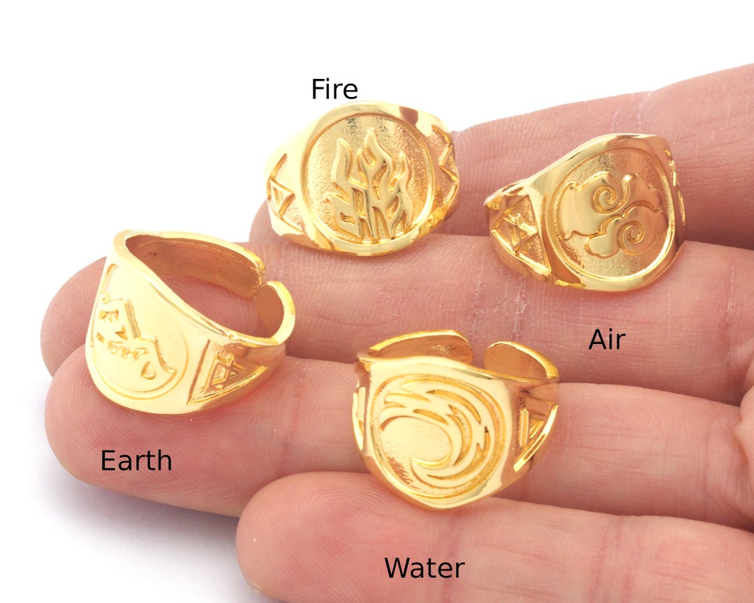 Four Elements Symbols Embossment Ring Adjustable Shiny Gold Plated ...