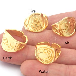 Four Elements Symbols Embossment Ring Adjustable Shiny Gold Plated ...