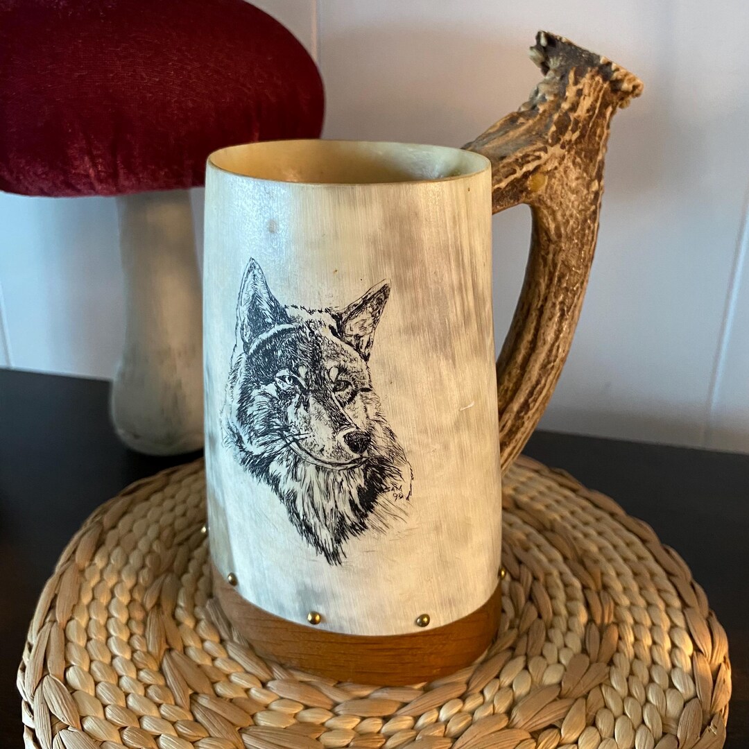Vintage Wolf Horn Antler Wood Handmade Mug Drinking Art EH90 Viking ...