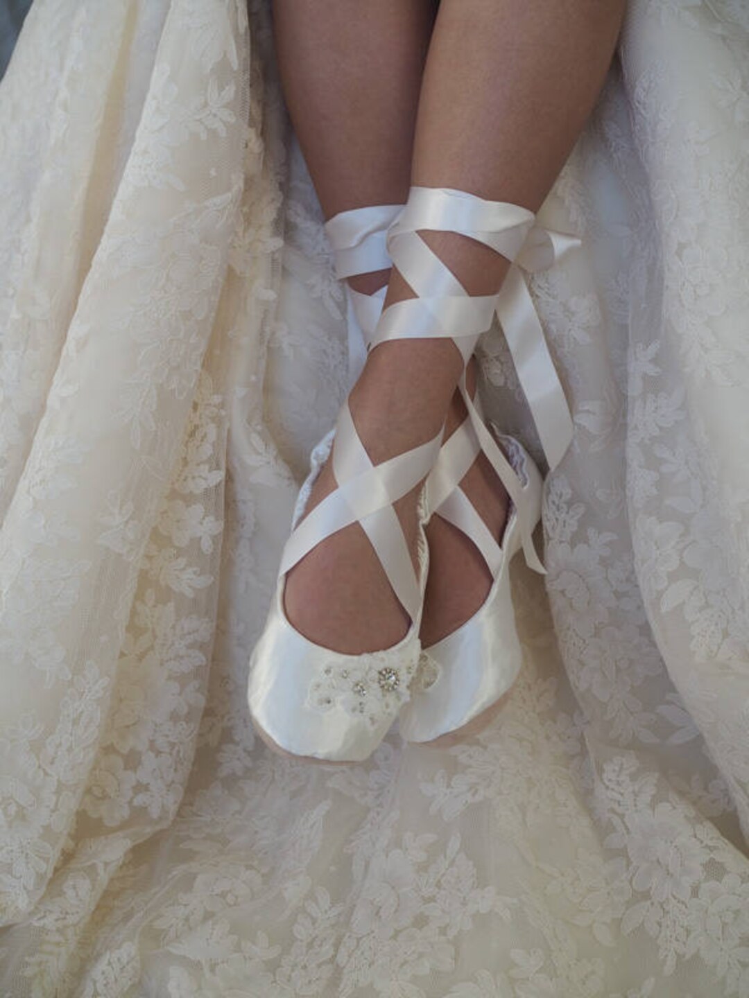 Satin Bridal Ballerina Slipper With Lace and Rhinestone Embellishments ...