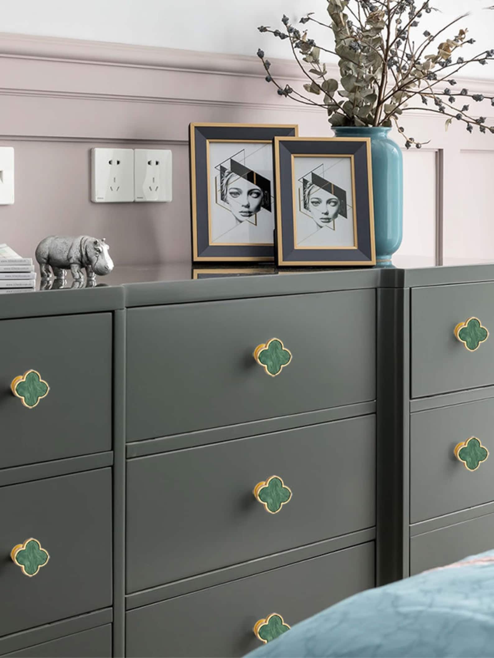 Four Leaf Clover Drawer Knob, Pure Brass Cabinet Pull, Natural Resin ...