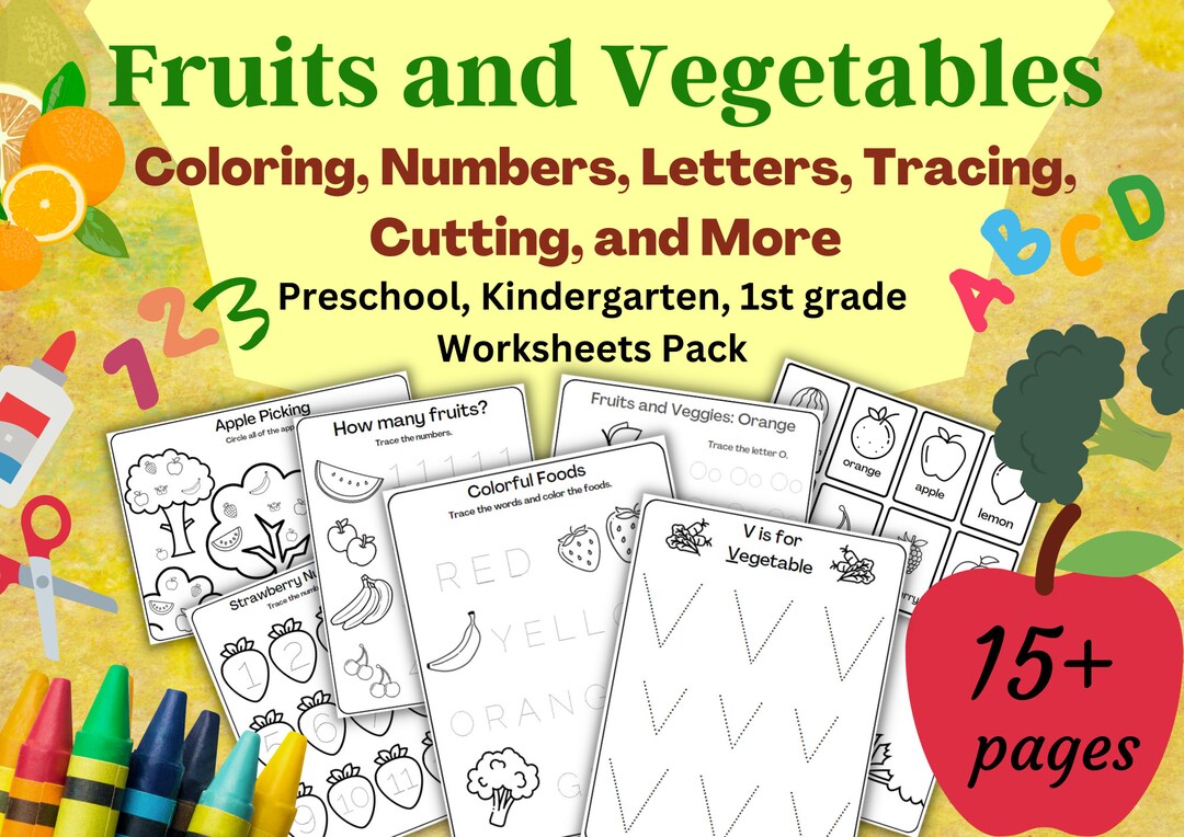 Fruit and Vegetable Worksheets Pack for Preschool, Kindergarten, 1st ...